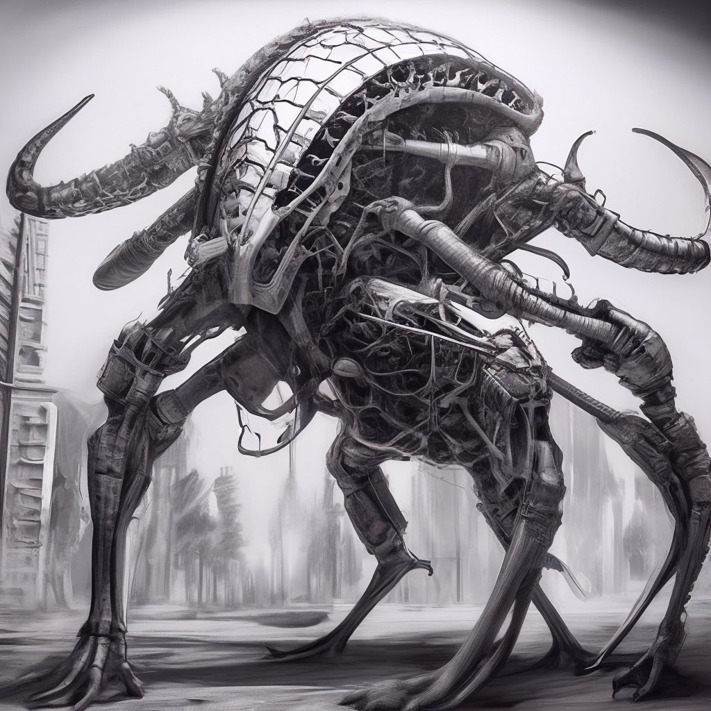 "An exoskeleton made of meat and bones. Biomechanical creature, drawing ...