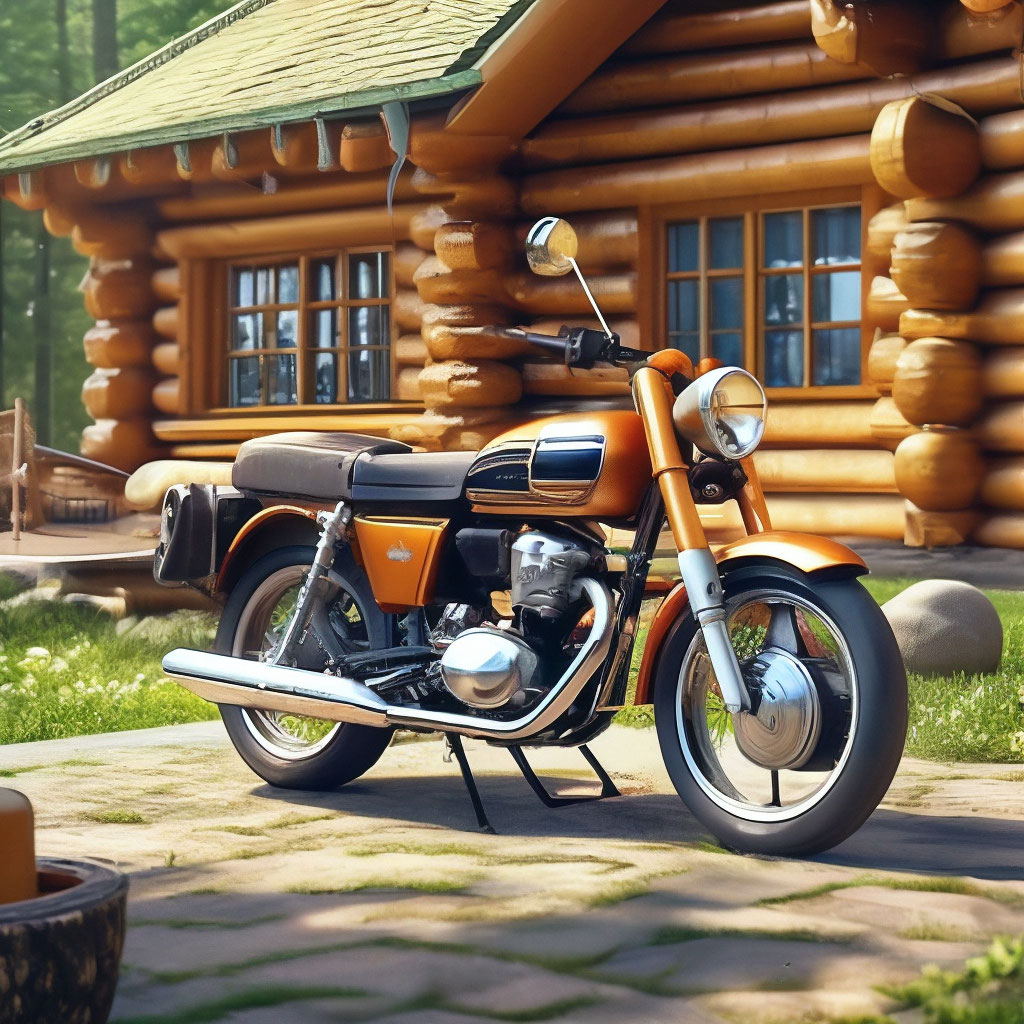"Motorcycle Java 350 Sport in the yard of a Russian log house ...