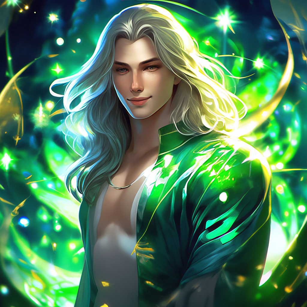 "Magic Emerald , very handsome kind man, manly face, smile, long hair ...