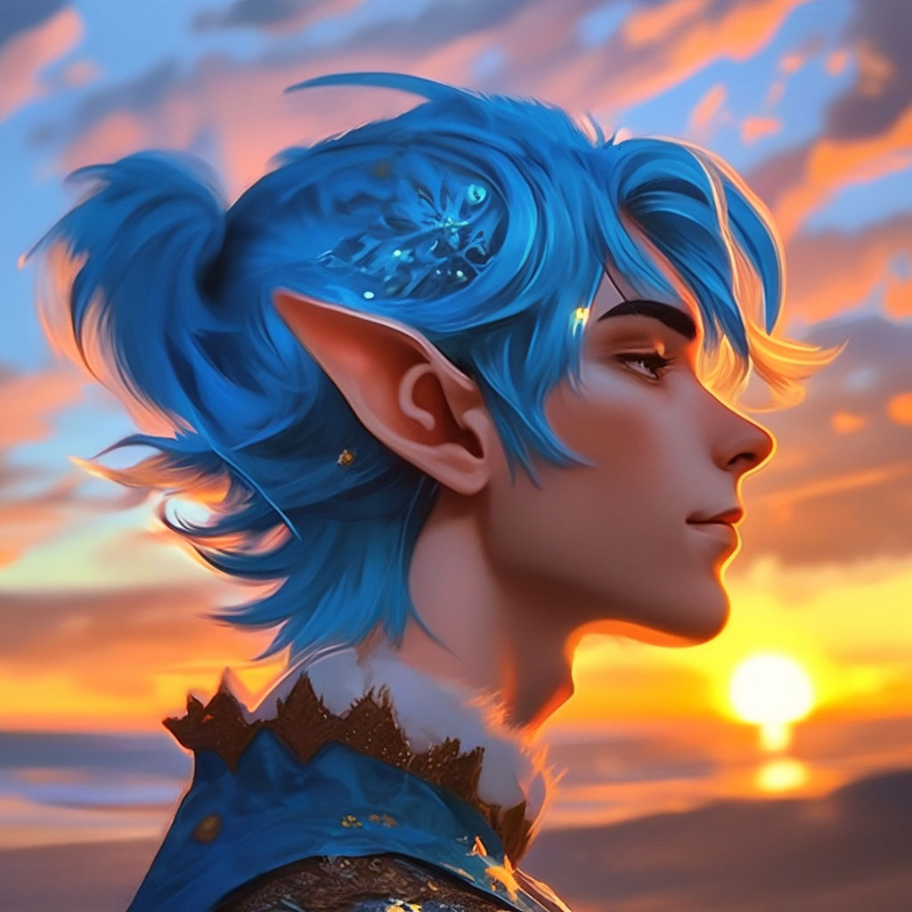 Elf guy, elf ears, blue hair, sunset, engraving, comic, aesthetic, elegant