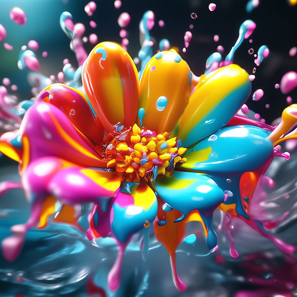 "Live multicolored blob, turned into a daisy, lots of splashes, 3D ...