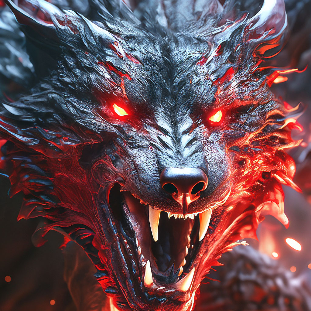 "Realistic,beautiful,powerful hybrid of wolf and dragon, black and red ...