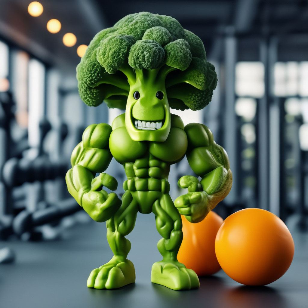 "Broccoli is standing in the gym next to barbells, abs cubes, fit ...