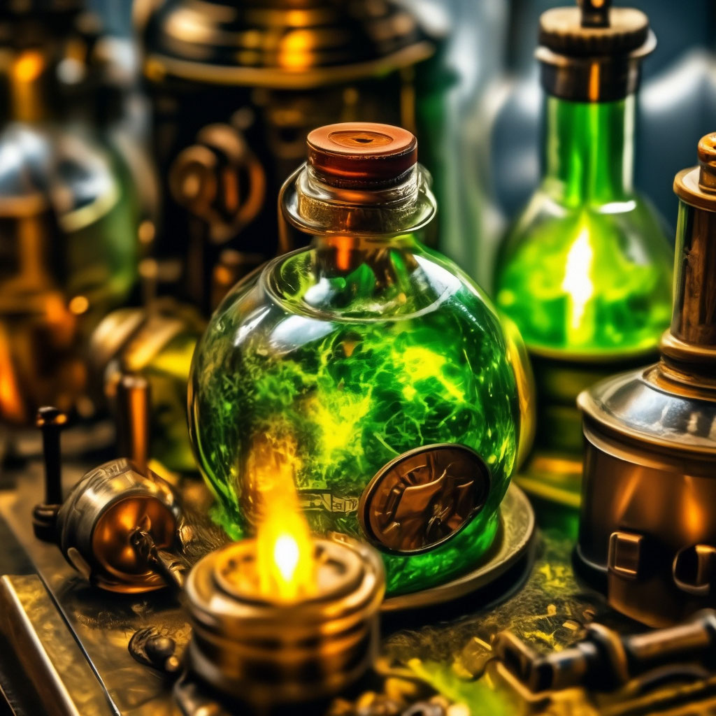 "Steampunk, the alchemist creates life, flasks, reagents, hyperrealism ...