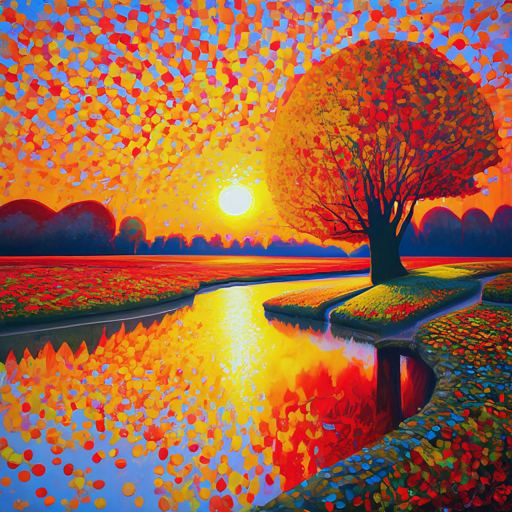 "Landscape: tree river, sunset, orange, yellow, red, bright ...