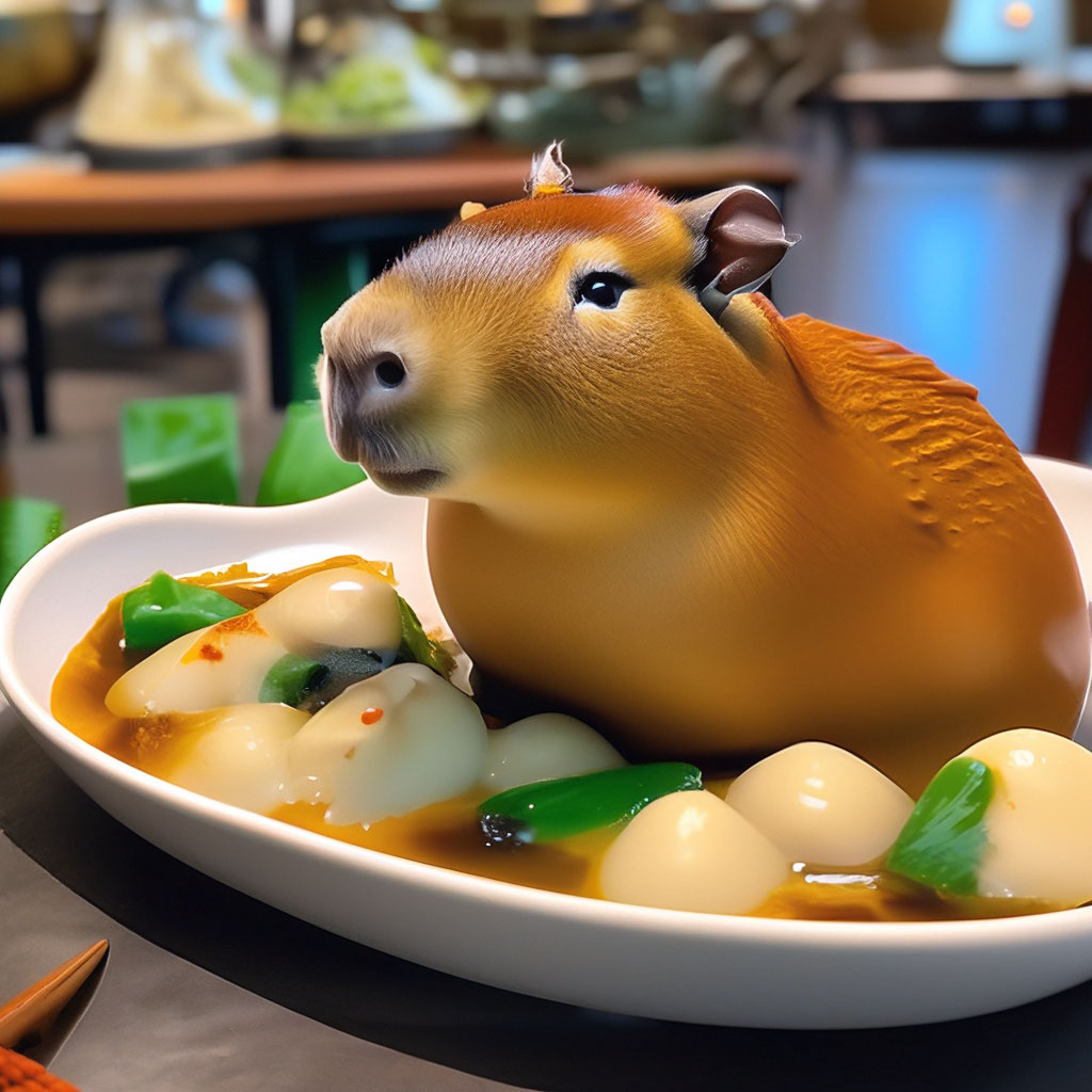 "Capybara with dumplings" — image created in Shedevrum