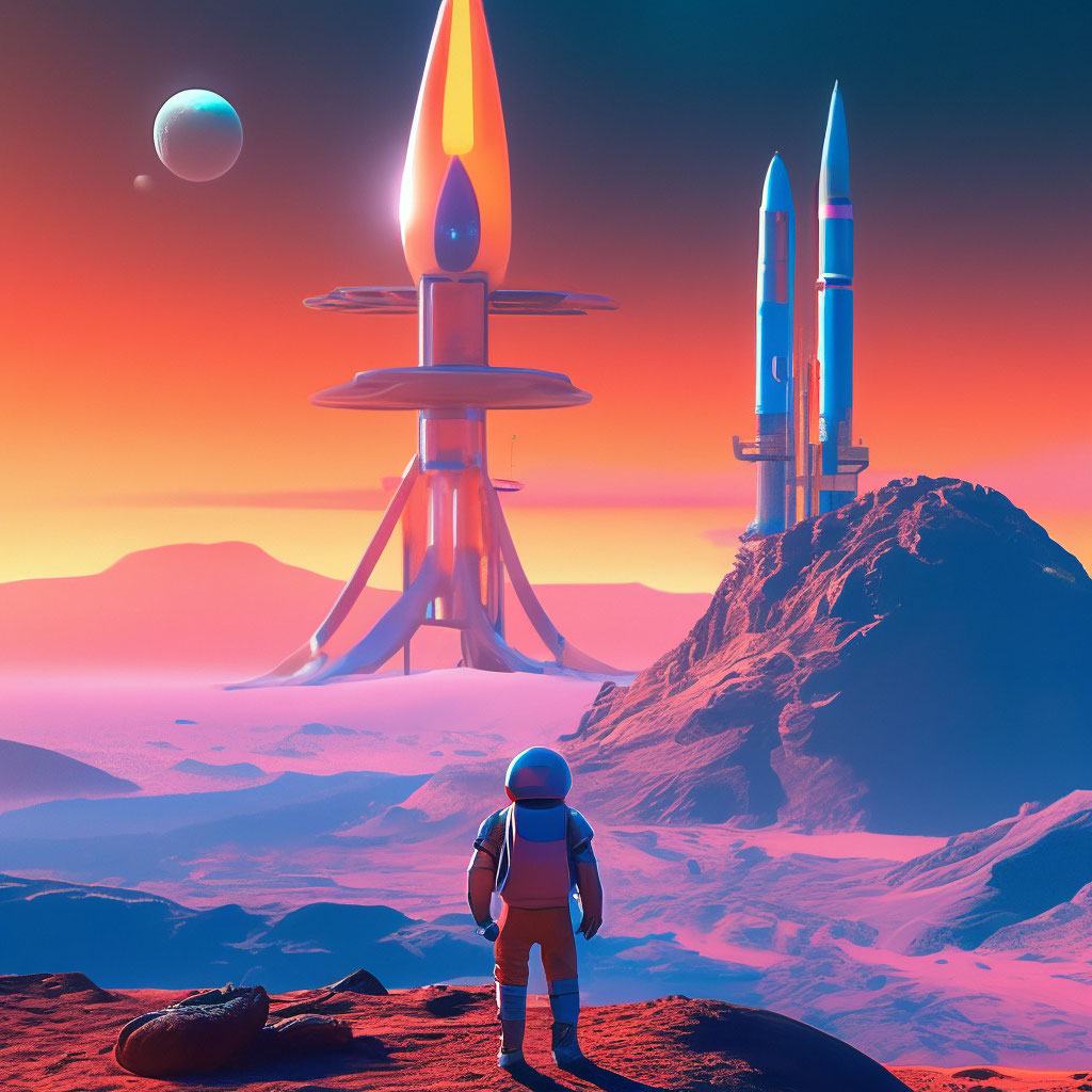 "The colonizer of the planet stands on a mountain and looks into the ...