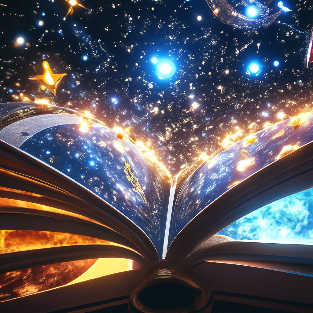 "A book with space glowing inside, stars, galaxies, a parade of planets ...