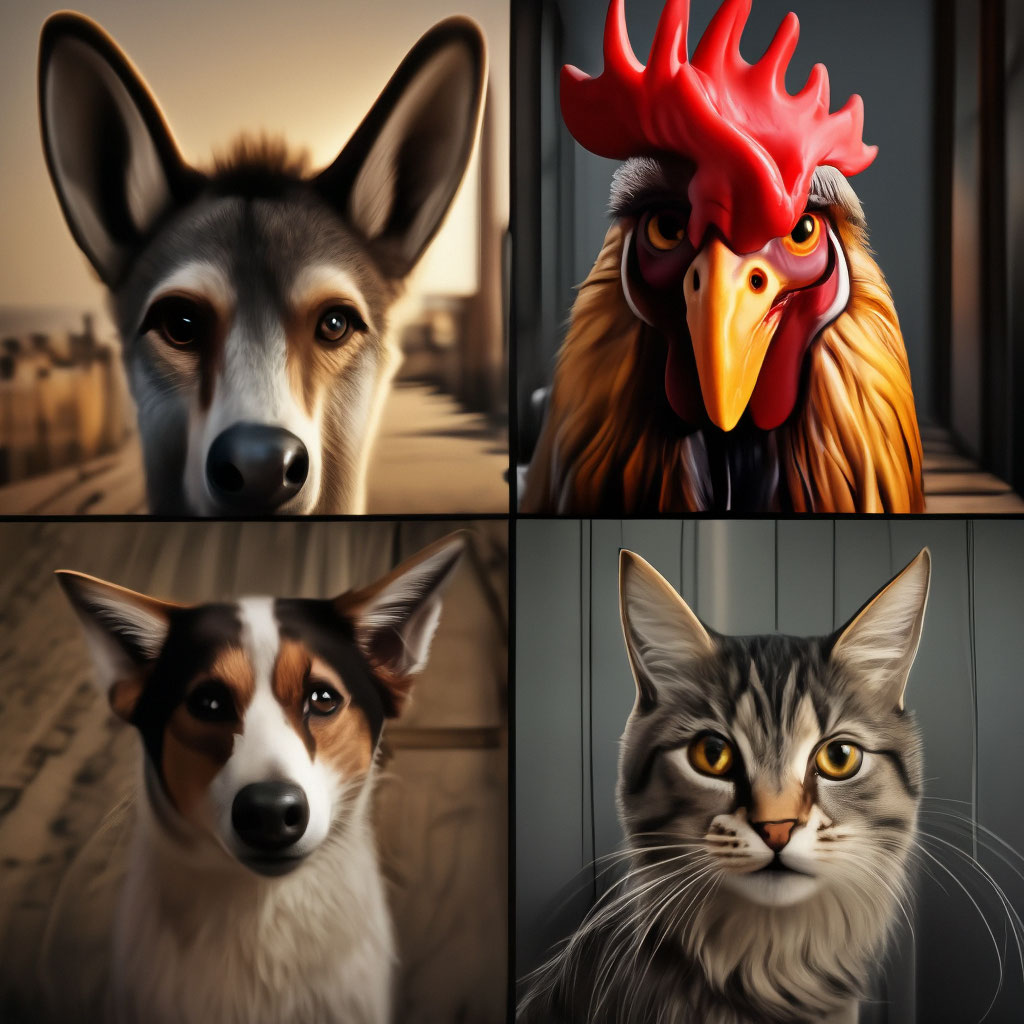 "A comic about a donkey and a dog and a cat and a rooster, an image ...