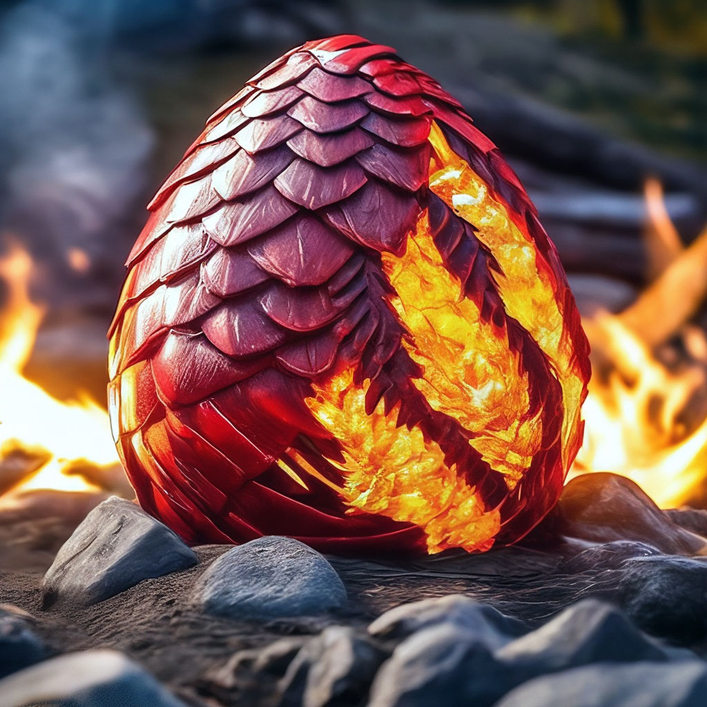 "Realistic fire dragon egg lies in a huge bonfire, red and yellow egg ...