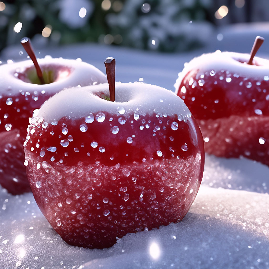 "Apples lie on the snow, glitter, scarlet liquid apples, crystal shine ...