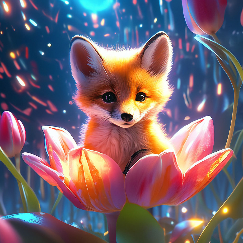 "A mimic fox cub in a large delicate airy tulip, sequins, lots of small ...