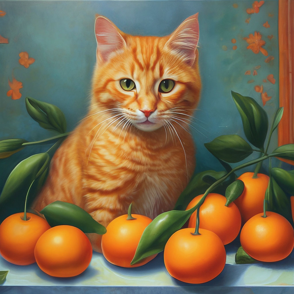 "The cat with tangerines" — image created in Shedevrum