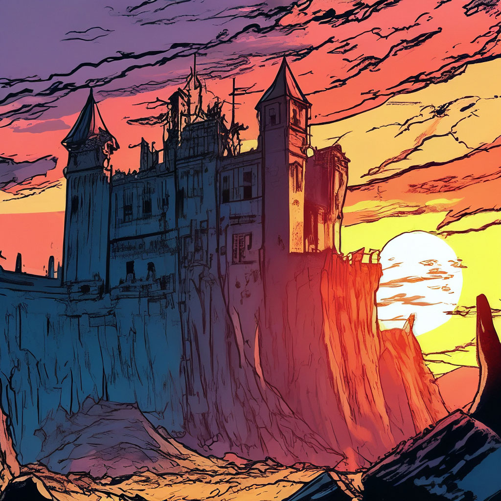 "Ruins of a gothic castle at sunset, horror style, bright comics, 32k ...