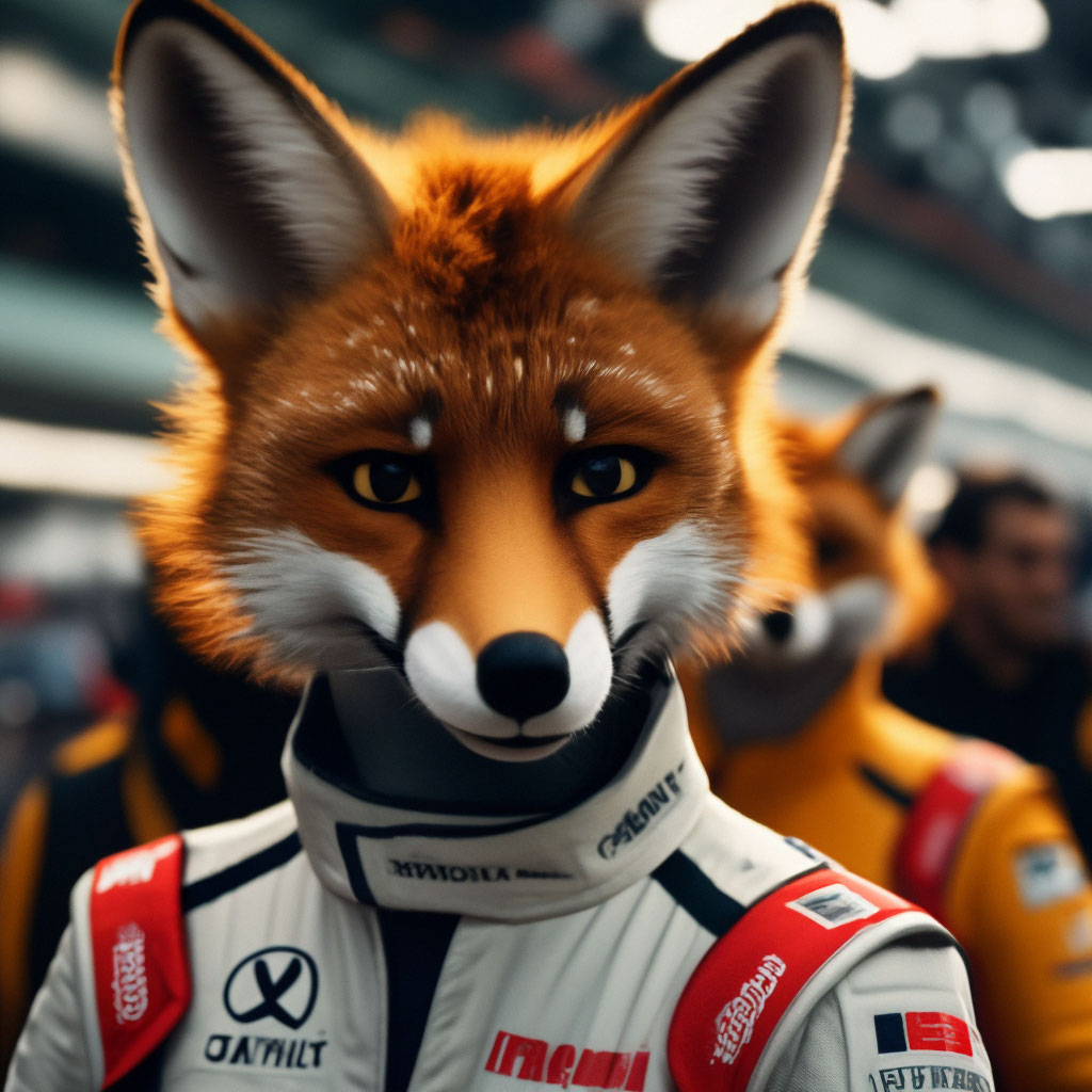 "Anthropomorphic foxes at the Formula 1 race" — image created in Shedevrum