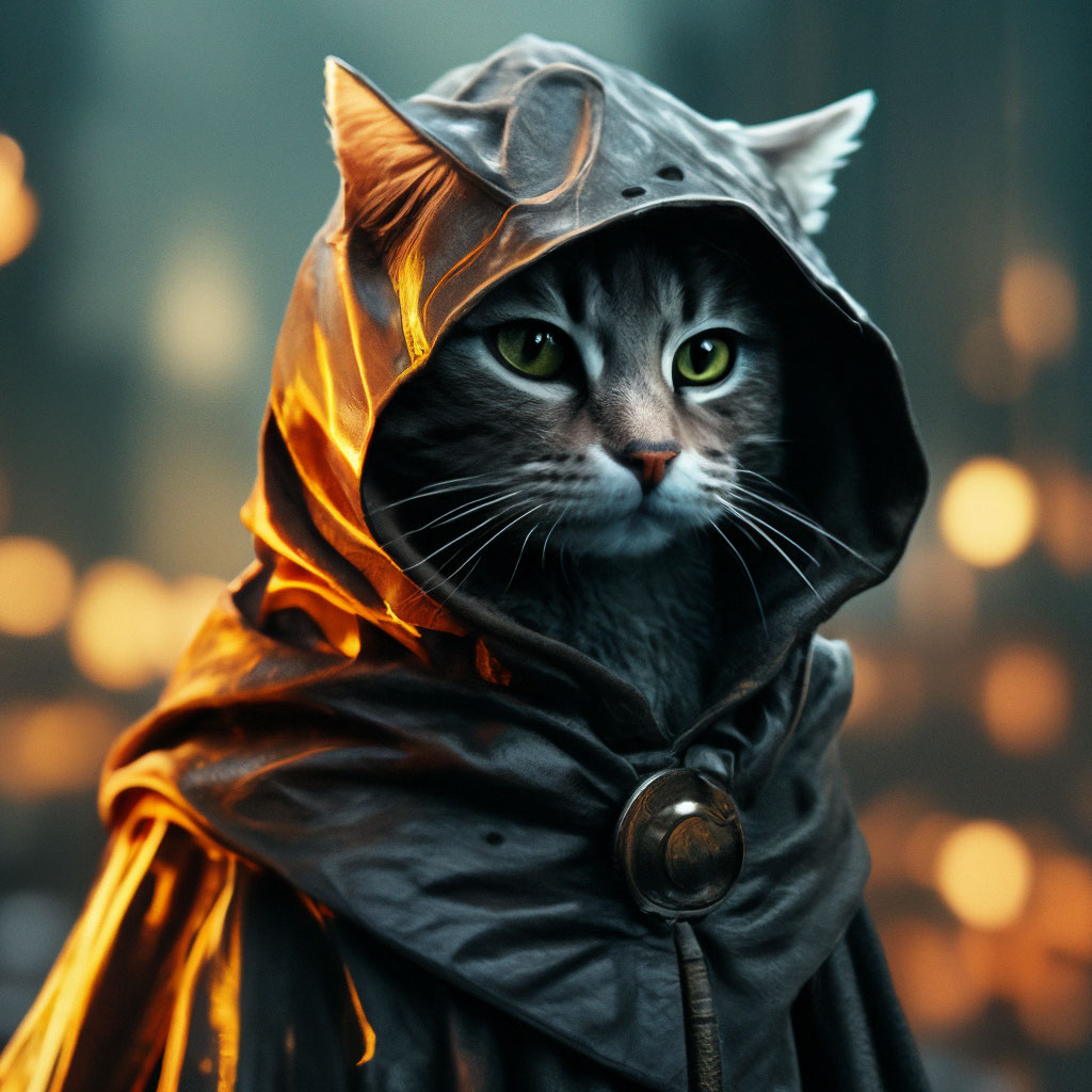 "A little wise assassin cat in a raincoat, protruding ears, an epic ...