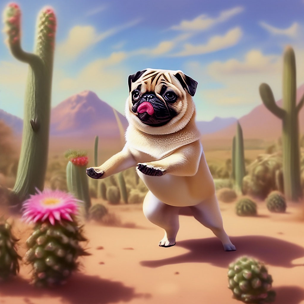 "Dancing cacti in the desert with cute pug" — image created in Shedevrum