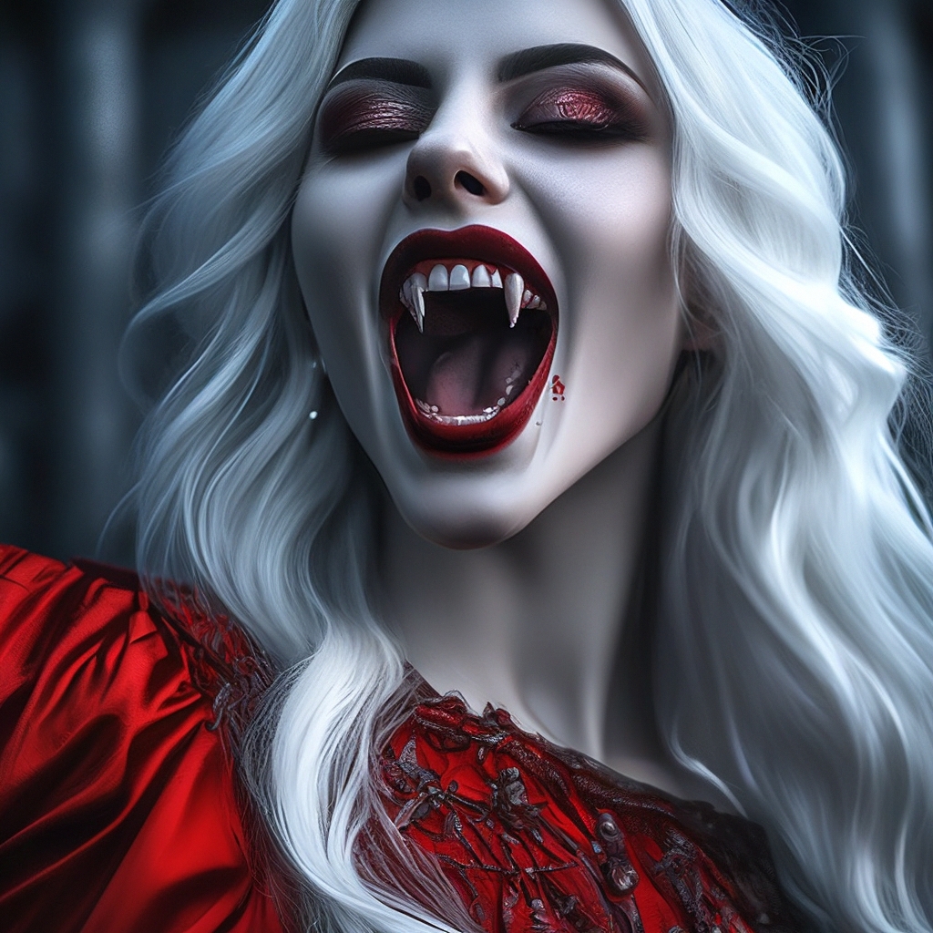 "Vampire girl, white hair, close-up, red long dress, vampire mouth ...