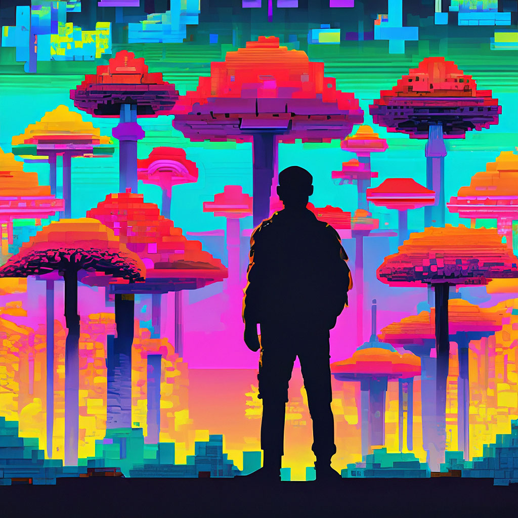 "Silhouette of a man in a multicolored surreal world, vector ...