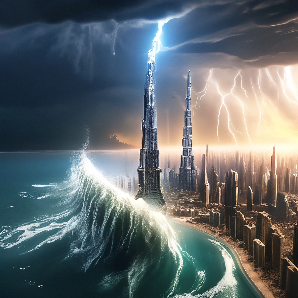"UAE Burjhalifa is washed away by a huge tsunami, lightning in the ...