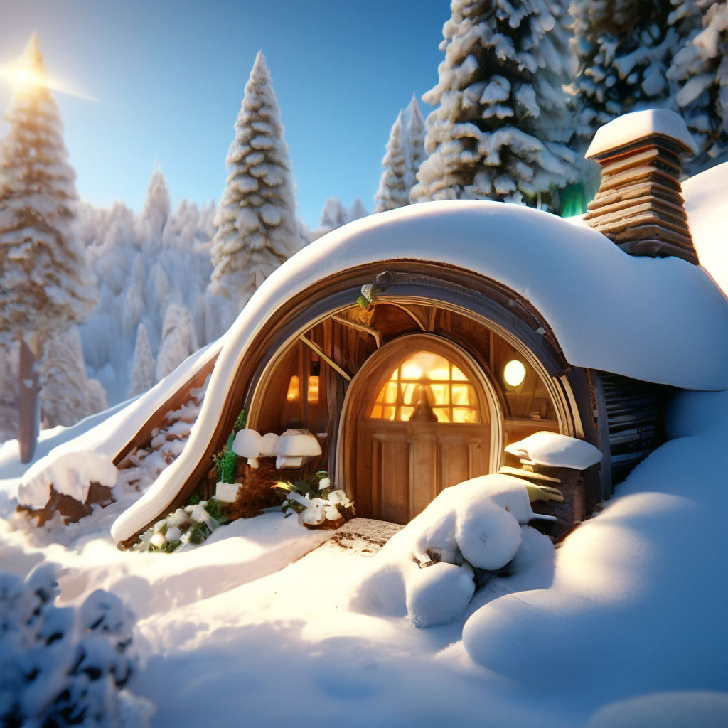 "Winter,snow hole of a hobbit in snow and Christmas garlands, bright ...