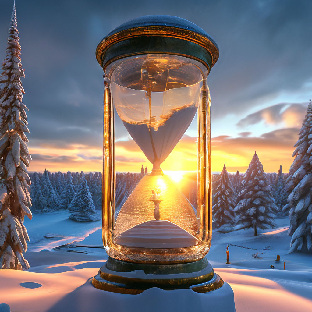 "🌌 winter inside an ultra-large hourglass, HDR, 1024k,drawing a ray of ...