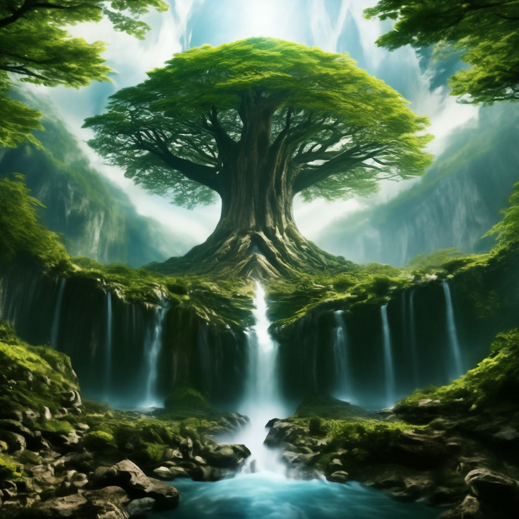 "A huge Yggdrasil, an ancient tomb under it, a forest with a river ...