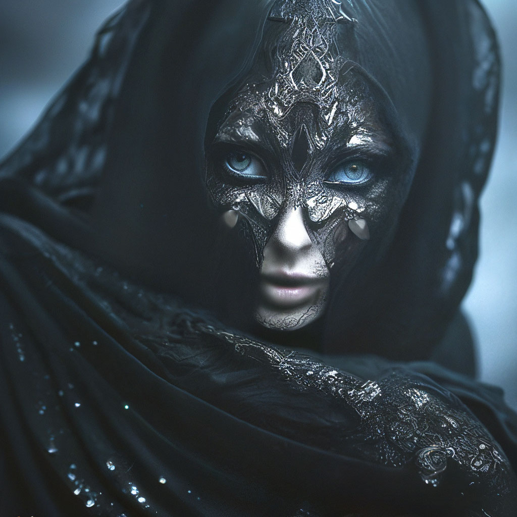 "Ghost woman in black, face completely covered with a thick black veil ...