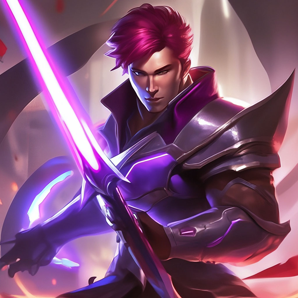 "Riven, a strong man with burgundy hair, wields a purple laser blade ...