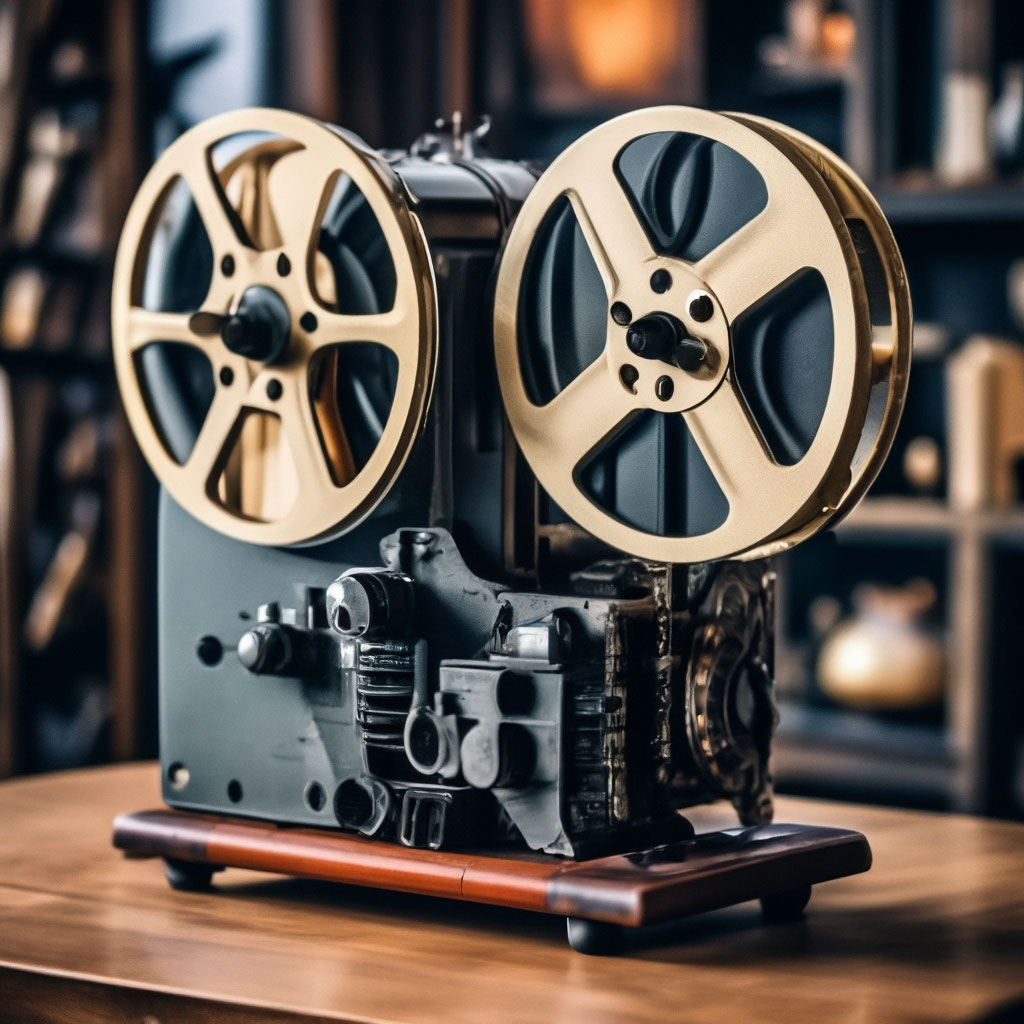"An old movie projector, reels with a movie reel" — image created in ...