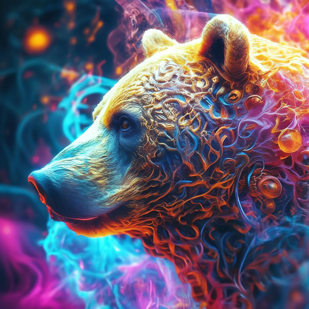 "Bear, mechanical, astral. fractal and smoke. bright colors. little ...