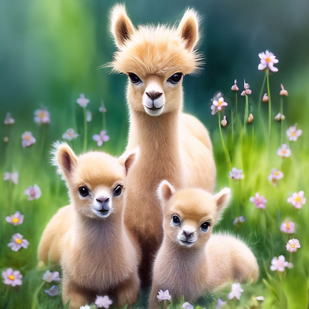 "Alpaca mom with cubs, small, fluffy, beautiful, cute, with big bright ...