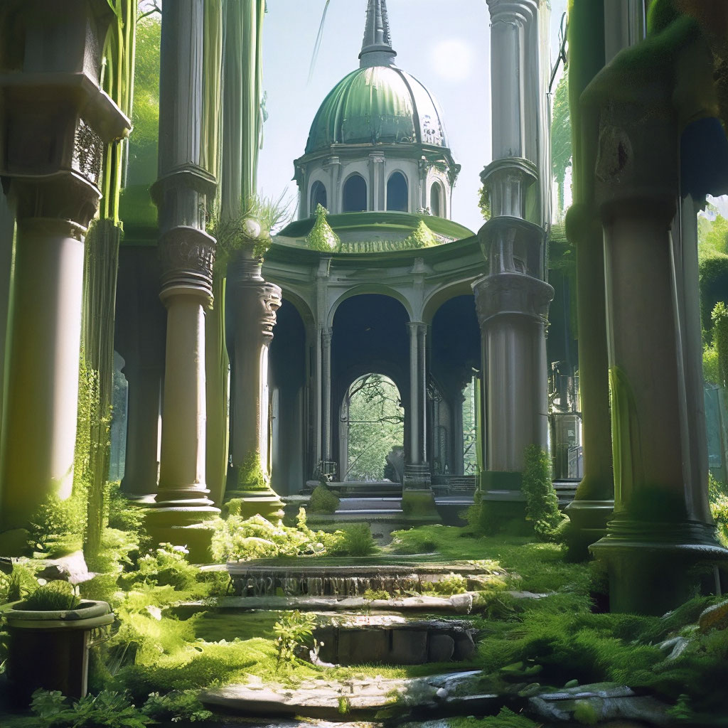 "An abandoned Gothic park, many columns,a high crenellated tower with a ...