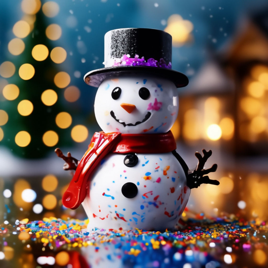 "Colorful Paint Splash glitter Snowman" — image created in Shedevrum