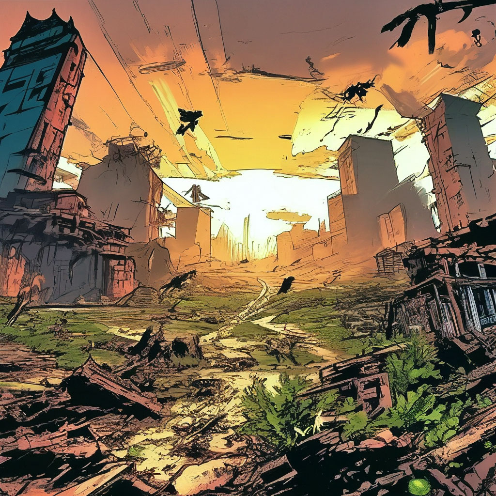 "Apocalypse, city, ruins, plants, mutants, comic style" — image created ...