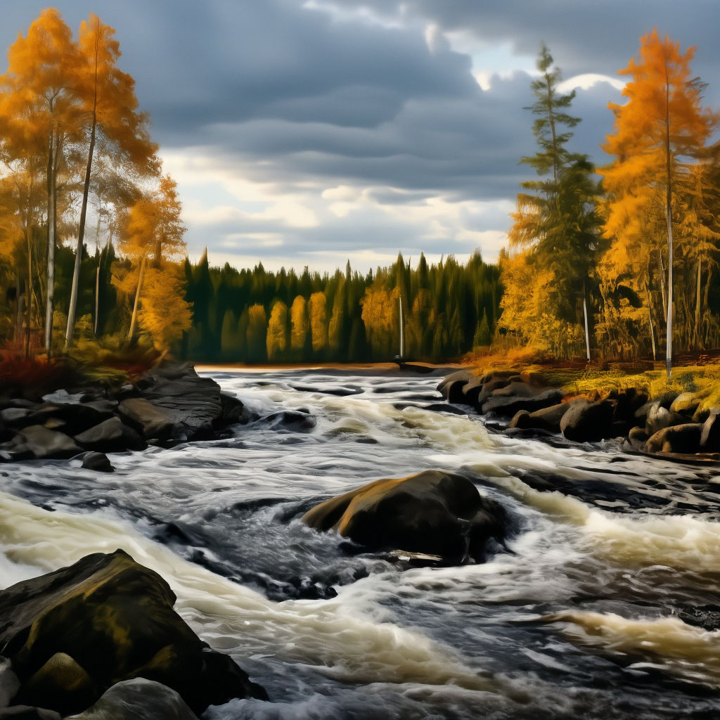 "Autumn forest, Pines, alder, aspens, mountain ash, Vuoksa river, deep ...