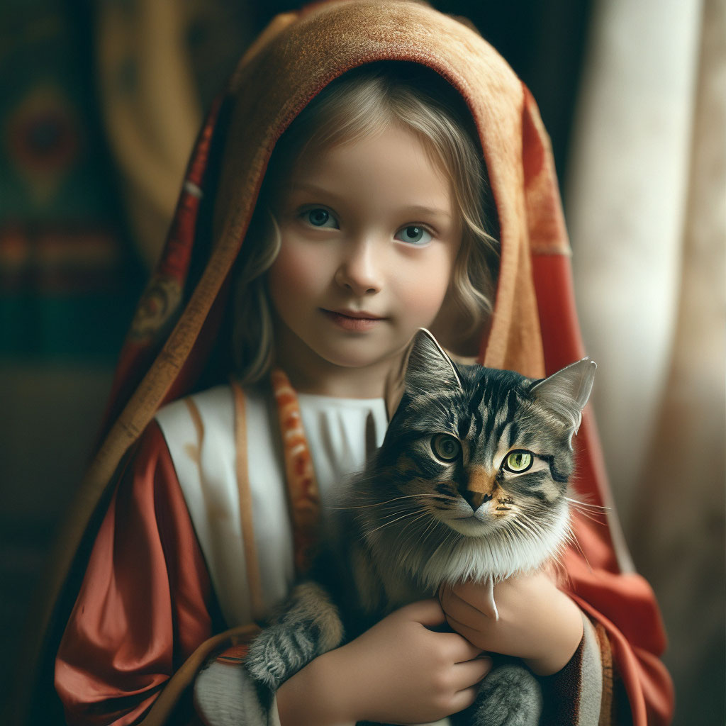 "Baba Yaga at the age of 5, Bayun the cat in her arms, professional ...