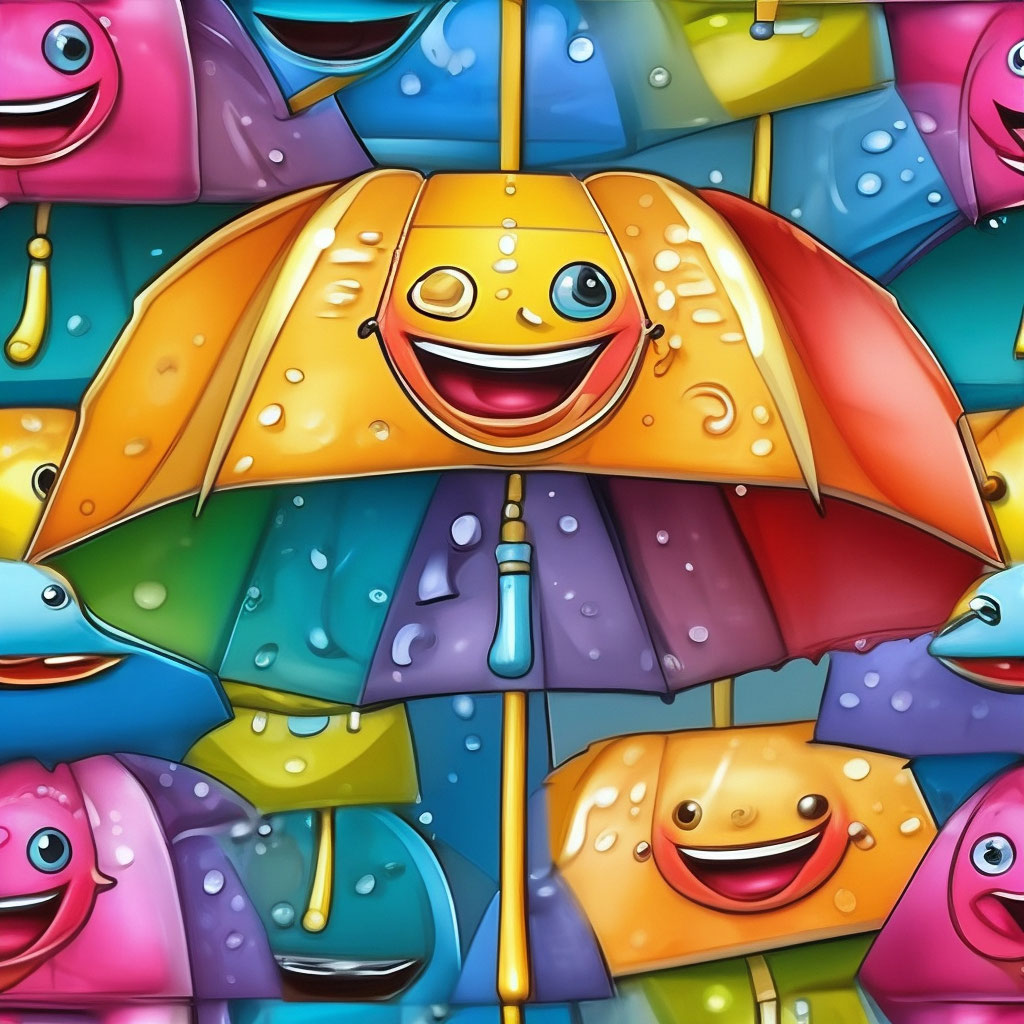 "Funny umbrella with smiles, bright color coloring, fine rain, drops ...