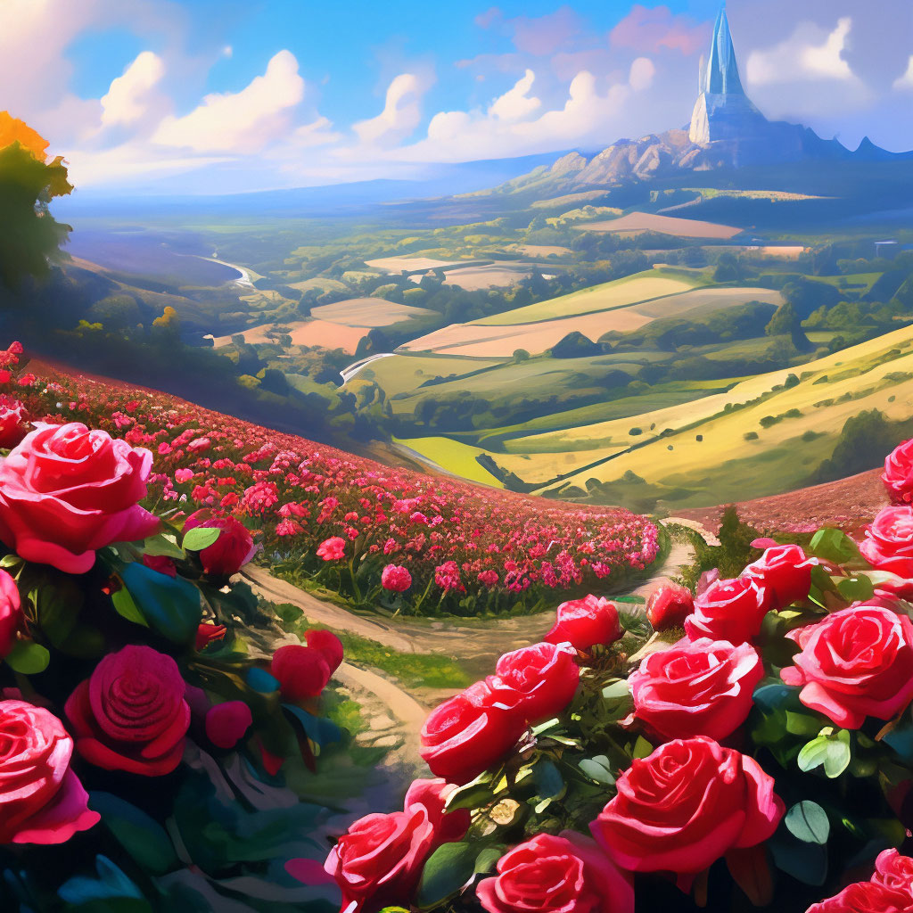 "Landscape, rose bushes, hills, fields, of roses landscape, intricate ...