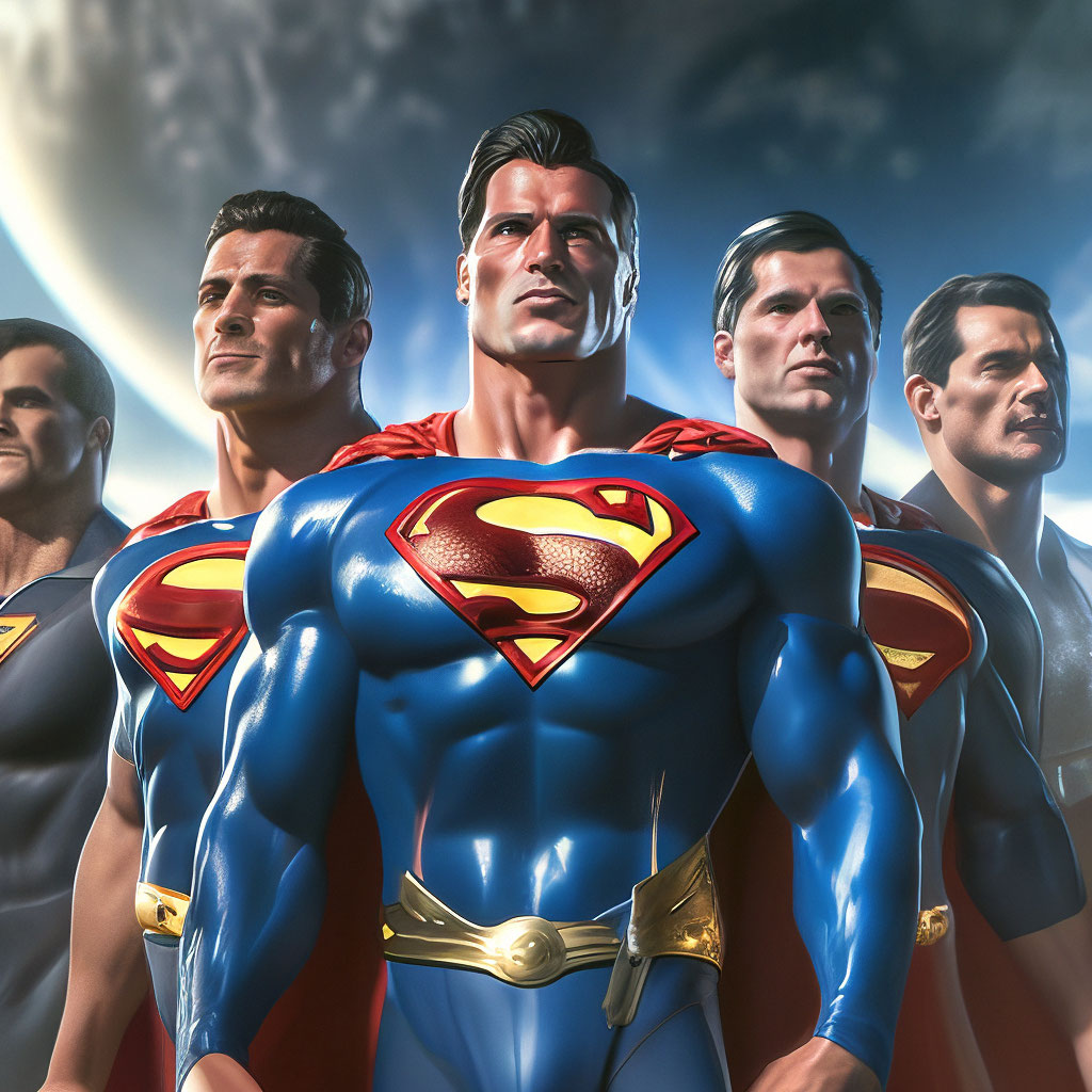 "Versions of Superman in multiverse. 8k." — image created in Shedevrum