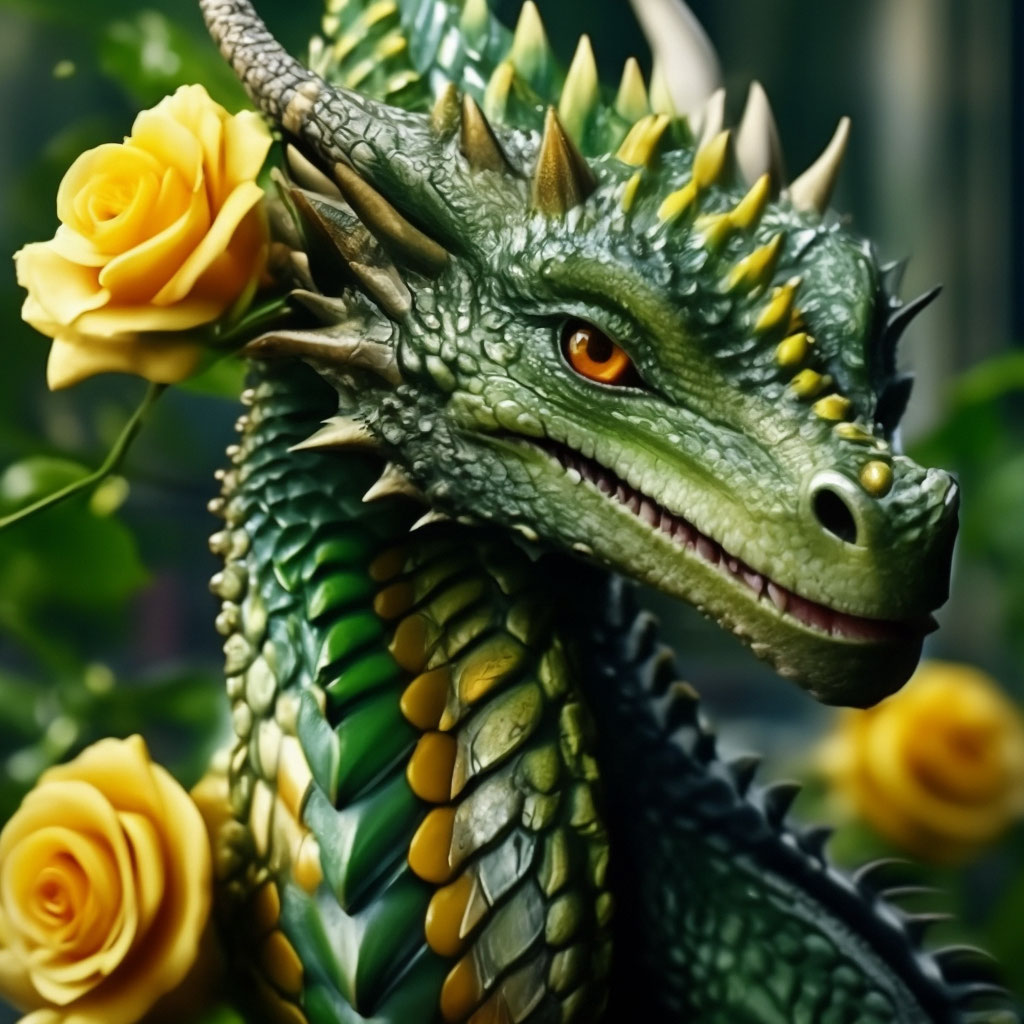 "Hyperrealism green little dragon with yellow rose, beautiful ...