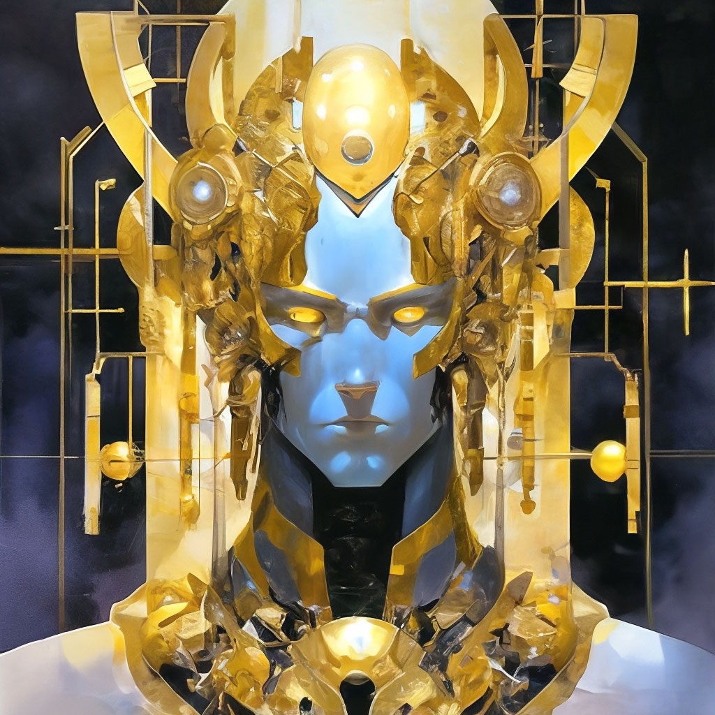 "Golden Anima , techno-hierophant, golden biomechanoid, beautiful male ...