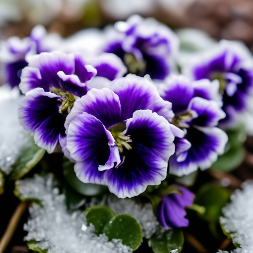 "Curly multicolored violets are fluffy under the snow..." — image ...