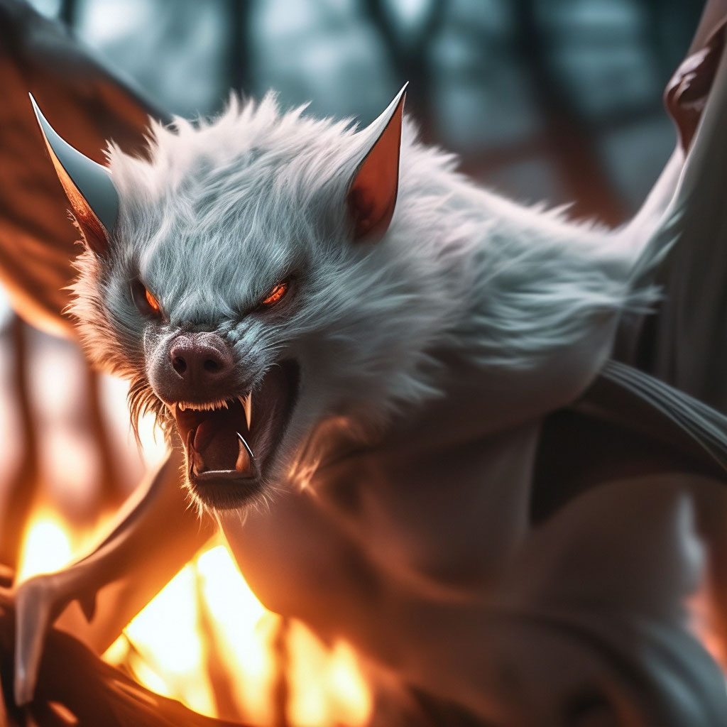 "Albino werewolf bat with wings, burnt tree on the background, muscular ...