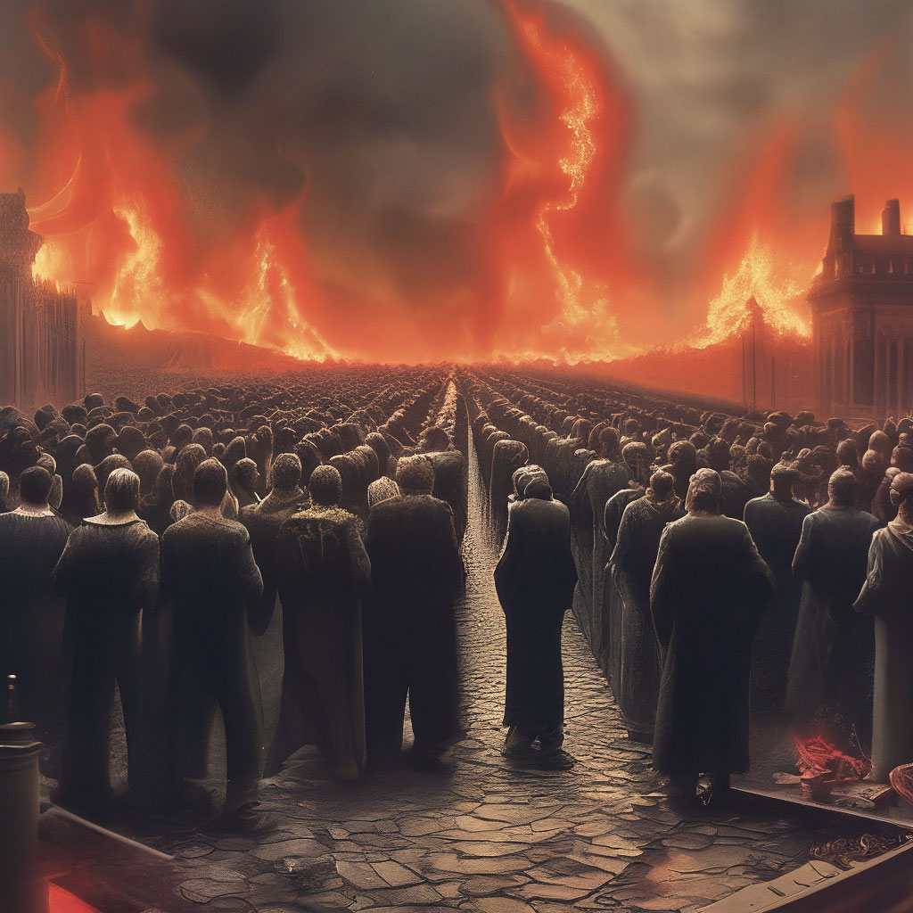"The queue to hell horror" — image created in Shedevrum