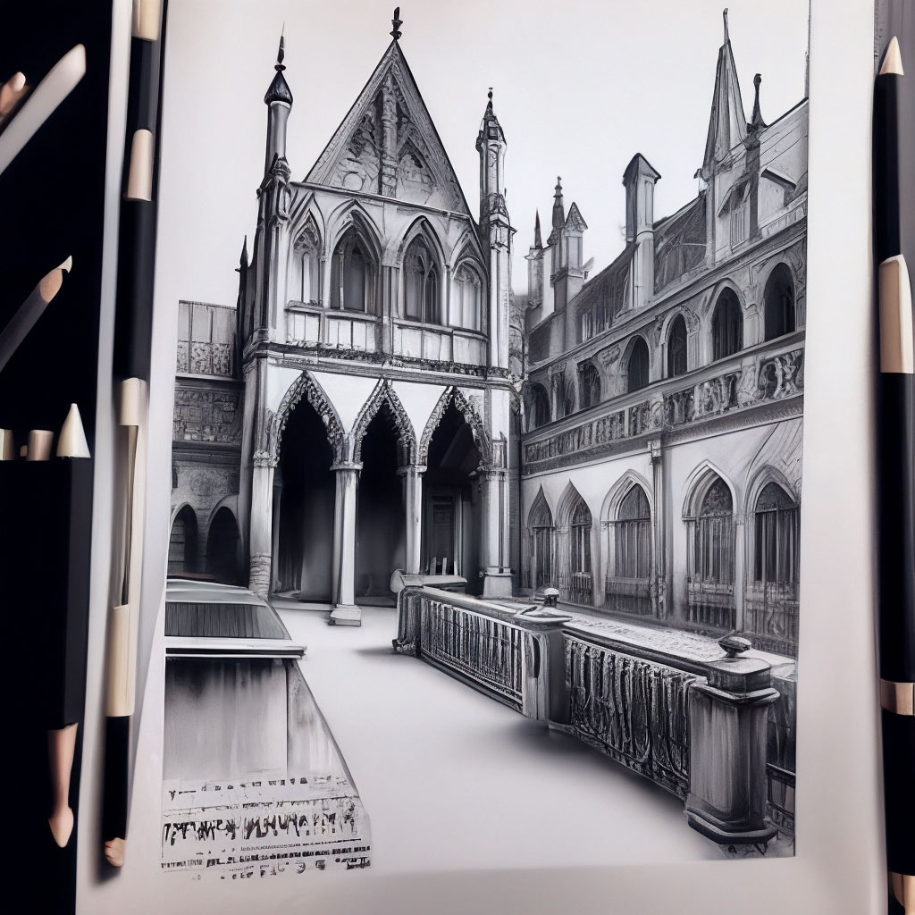 "Detailed with notes, ink sketch of a medieval institution, sketching ...
