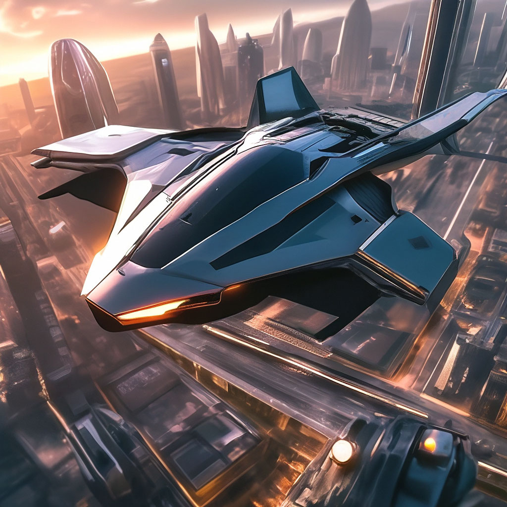 "Sci-fi stealth vtol ford+raptor, top view, flying over the city ...