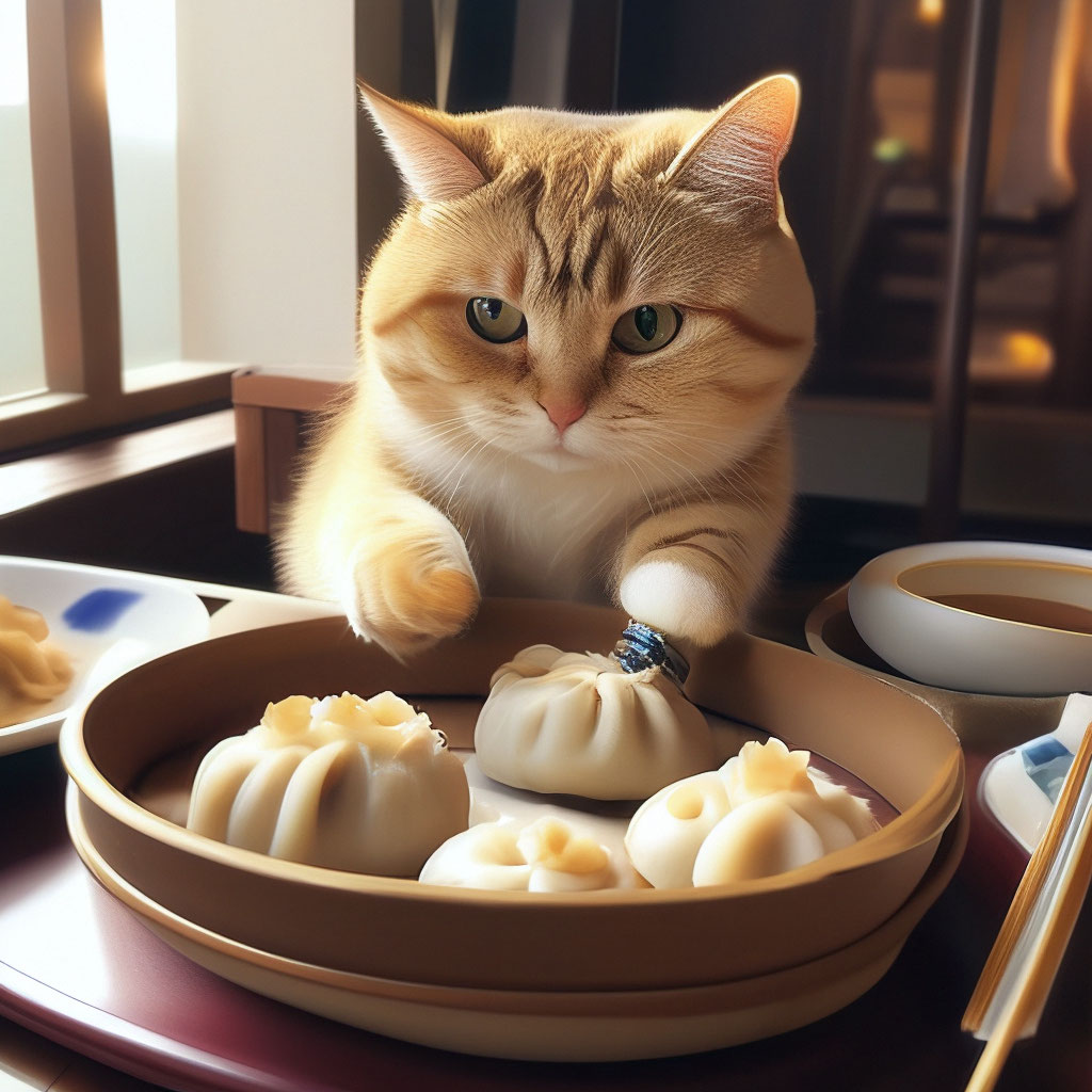 "Cat eats dumplings 🥟" — image created in Shedevrum
