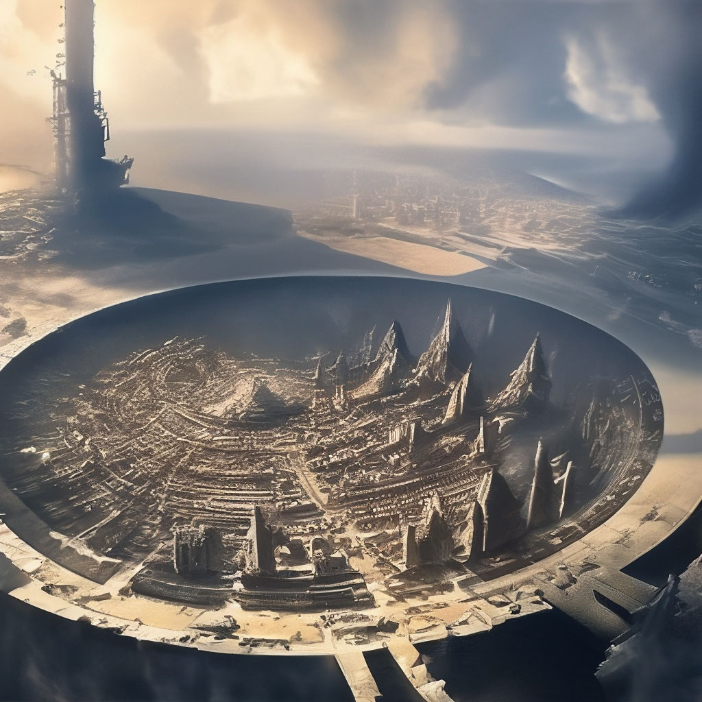 "Giant megalopolis in the crater, top view" — image created in Shedevrum