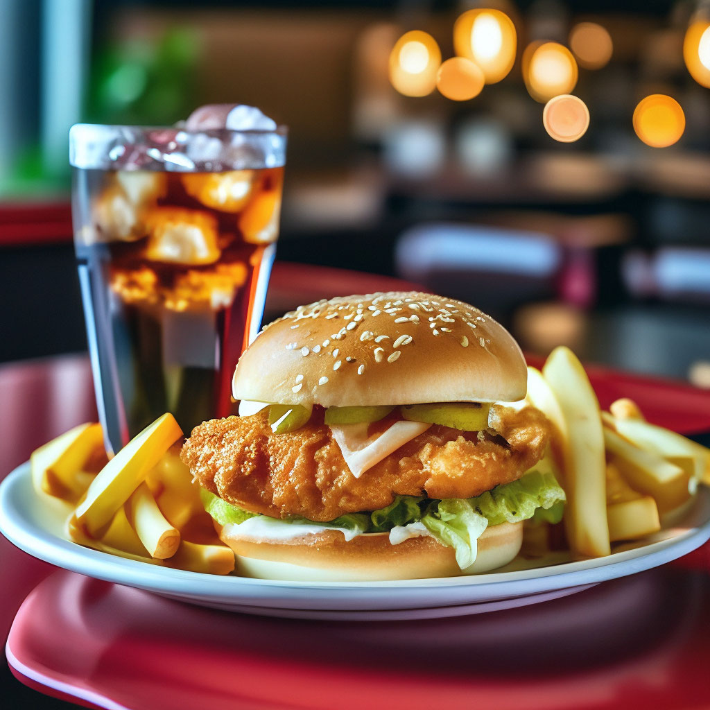"Very tasty burger with chicken. french fries. a glass of cola" — image ...